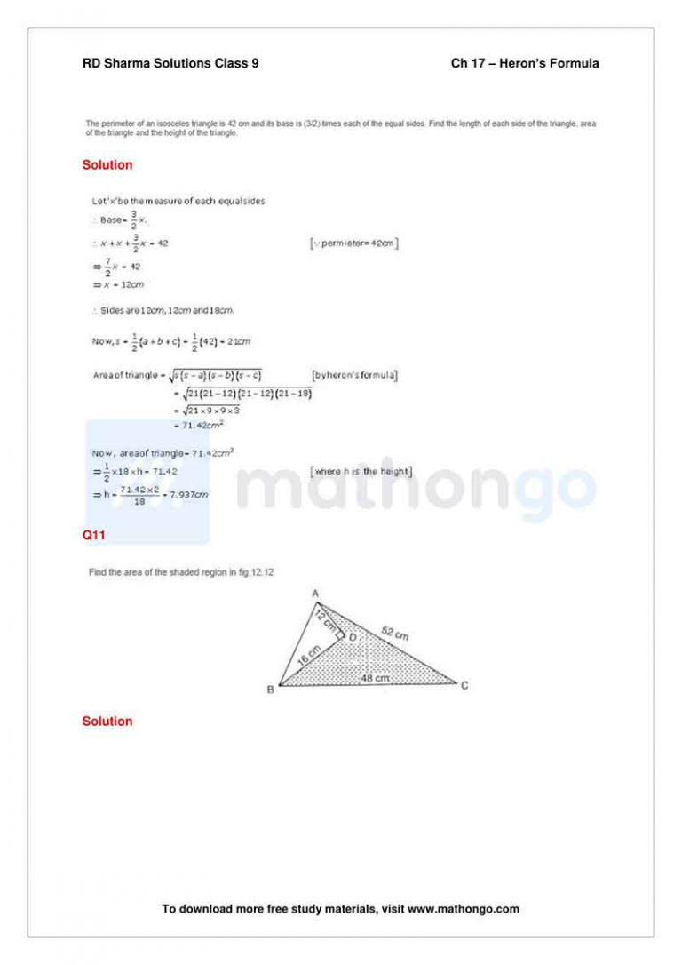 RD Sharma Class 9 Solutions Chapter 17 – Heron’s Formula – MathonGo