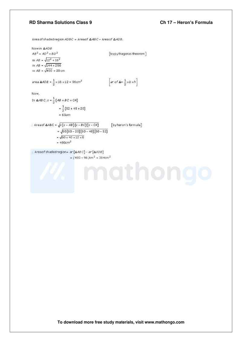 RD Sharma Class 9 Solutions Chapter 17 – Heron’s Formula – MathonGo