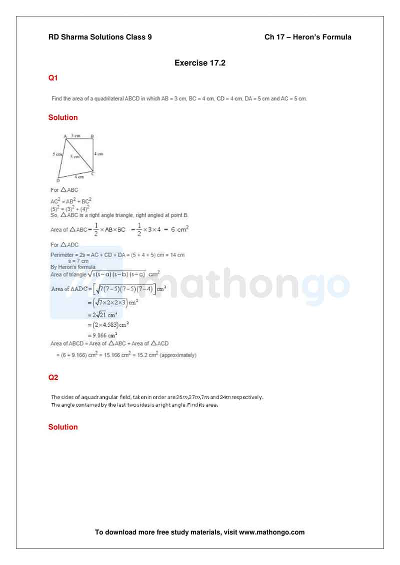 RD Sharma Class 9 Solutions Chapter 17 – Heron’s Formula – MathonGo