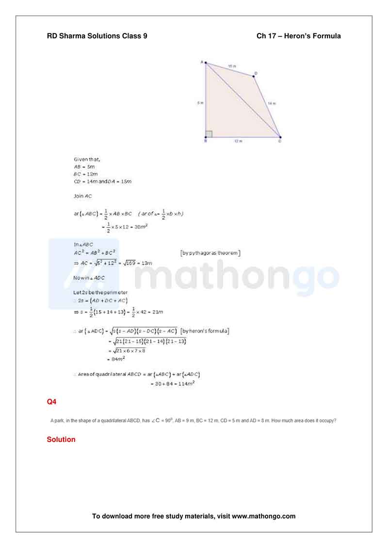 RD Sharma Class 9 Solutions Chapter 17 – Heron’s Formula – MathonGo