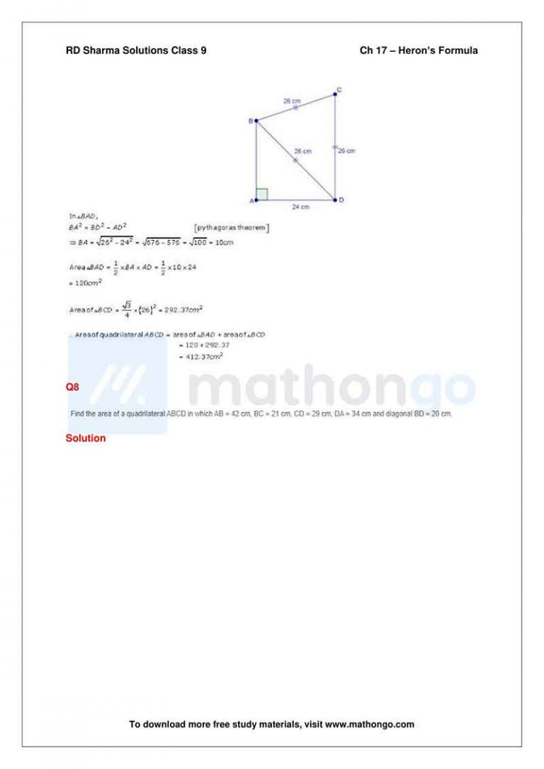 RD Sharma Class 9 Solutions Chapter 17 – Heron’s Formula – MathonGo