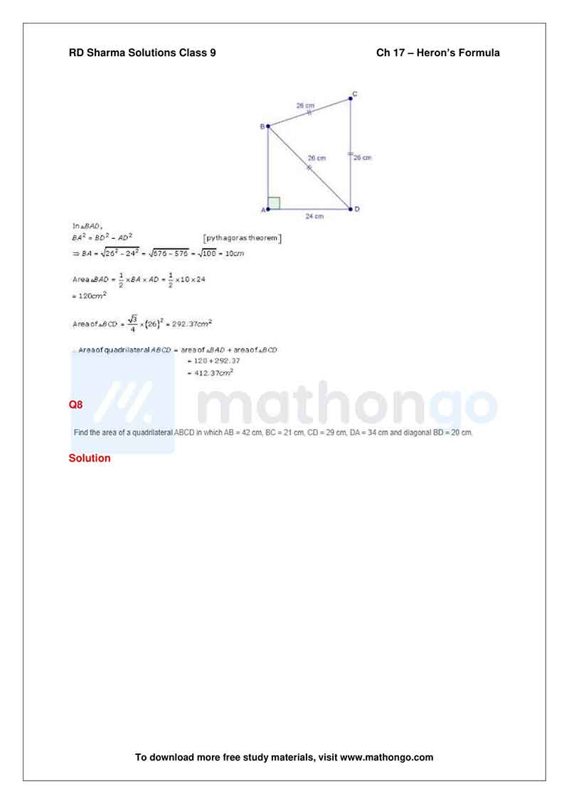 RD Sharma Class 9 Solutions Chapter 17 – Heron’s Formula – MathonGo