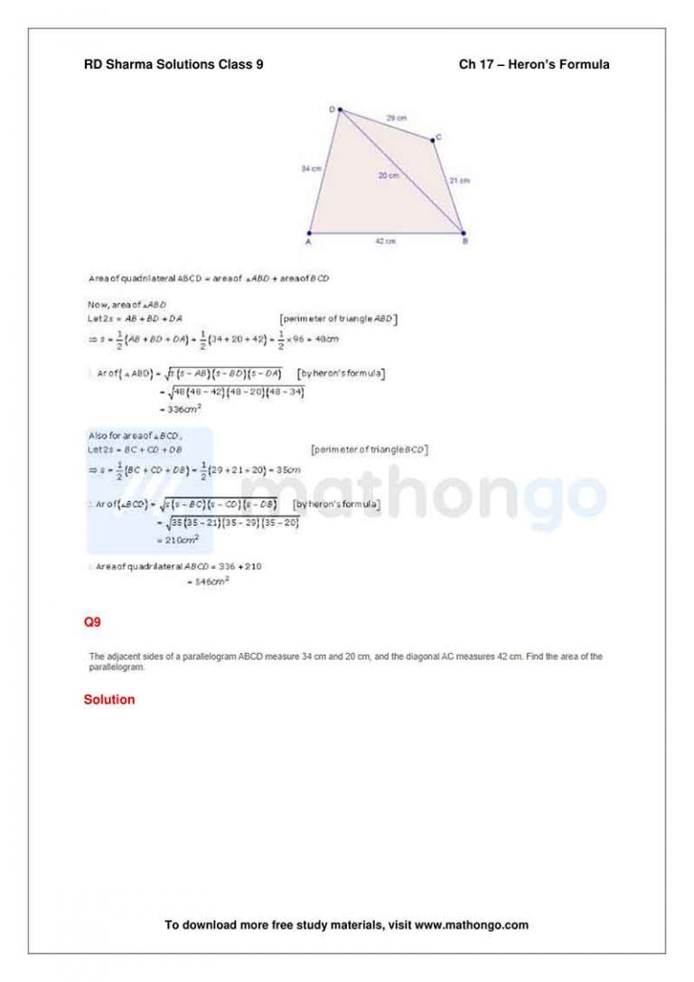 RD Sharma Class 9 Solutions Chapter 17 – Heron’s Formula – MathonGo