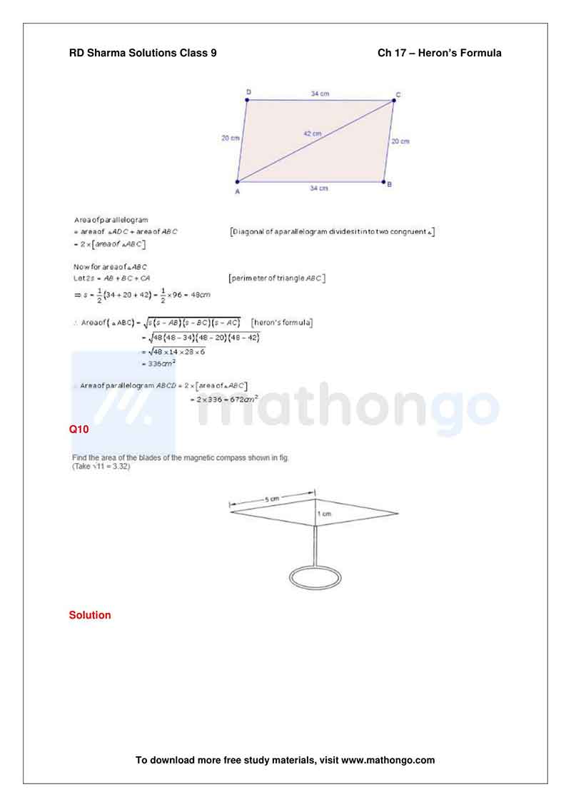RD Sharma Class 9 Solutions Chapter 17 – Heron’s Formula – MathonGo