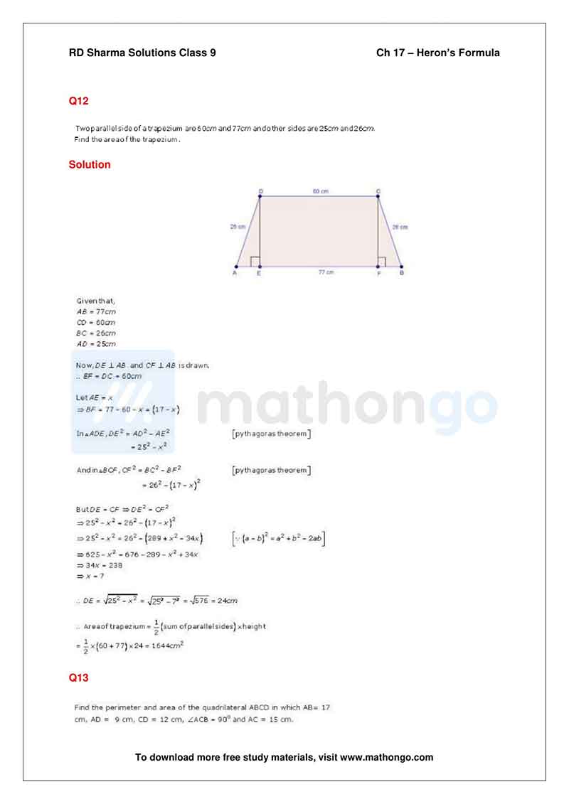 RD Sharma Class 9 Solutions Chapter 17 – Heron’s Formula – MathonGo