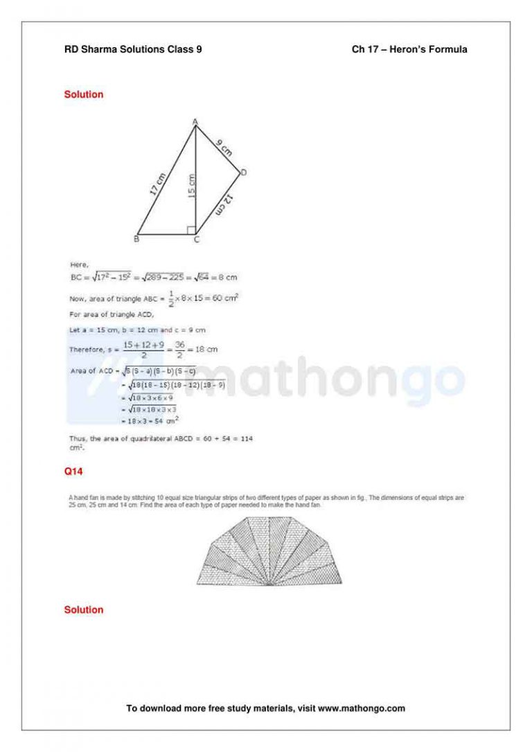 RD Sharma Class 9 Solutions Chapter 17 – Heron’s Formula – MathonGo