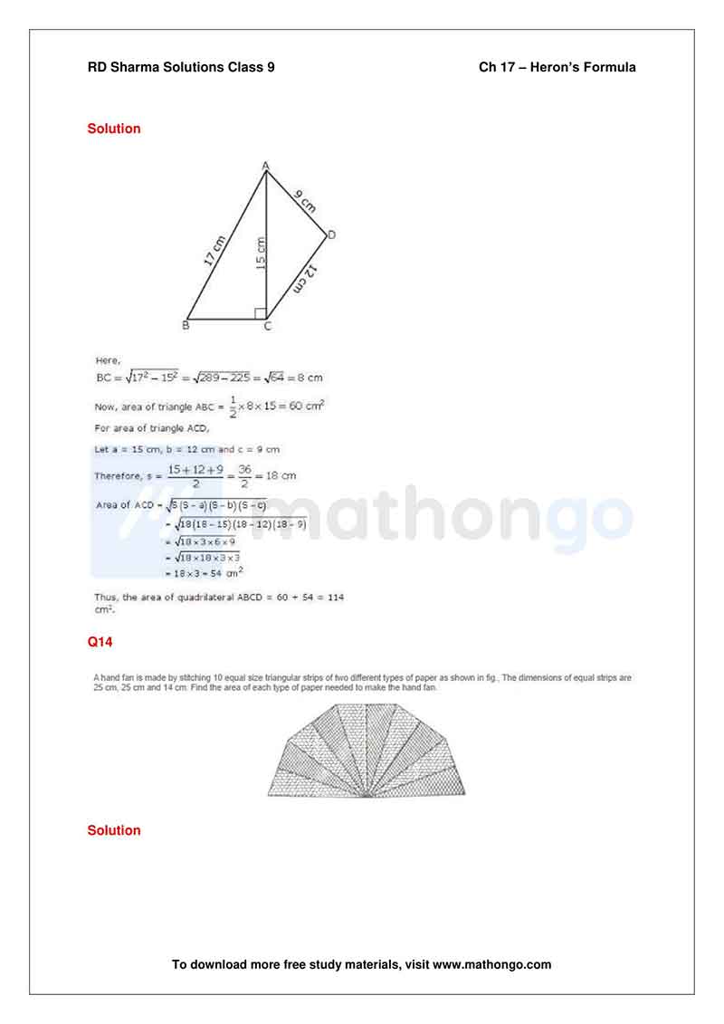 RD Sharma Class 9 Solutions Chapter 17 – Heron’s Formula – MathonGo