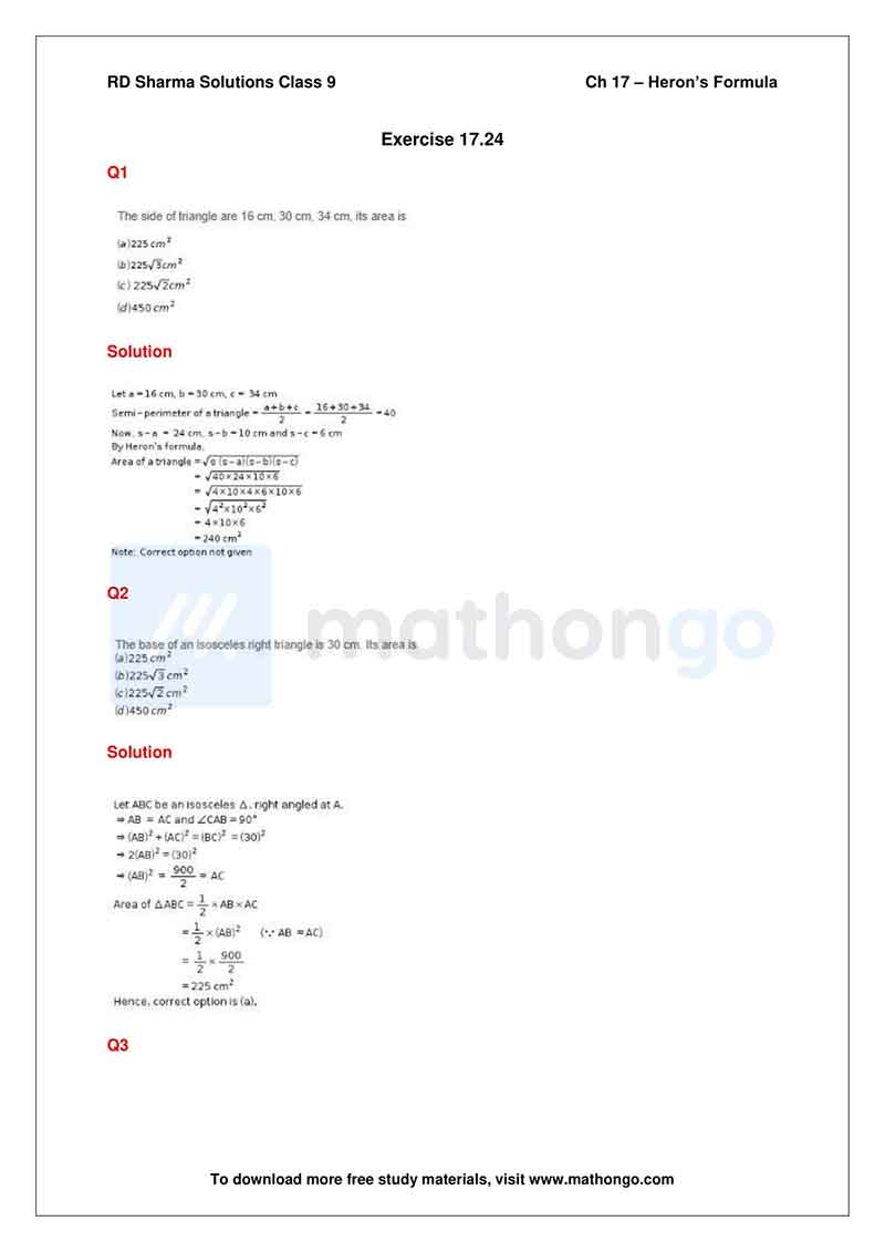 RD Sharma Class 9 Solutions Chapter 17 – Heron’s Formula – MathonGo