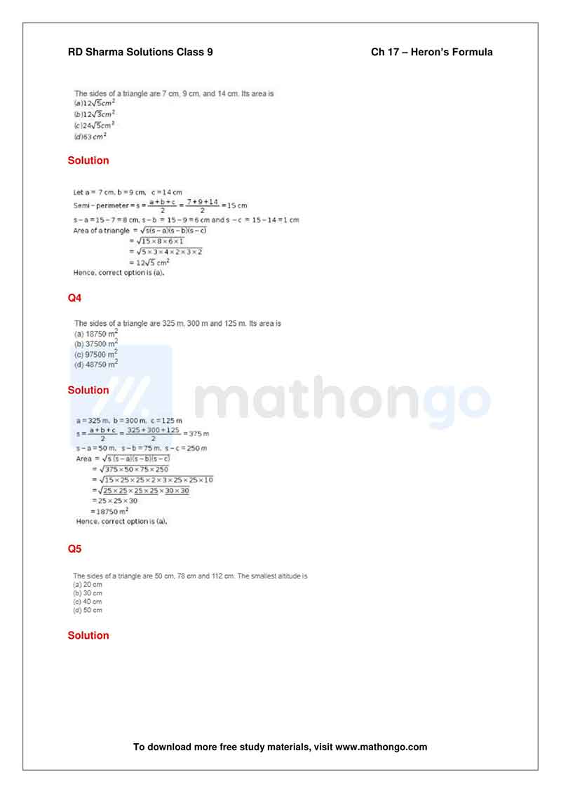 RD Sharma Class 9 Solutions Chapter 17 – Heron’s Formula – MathonGo
