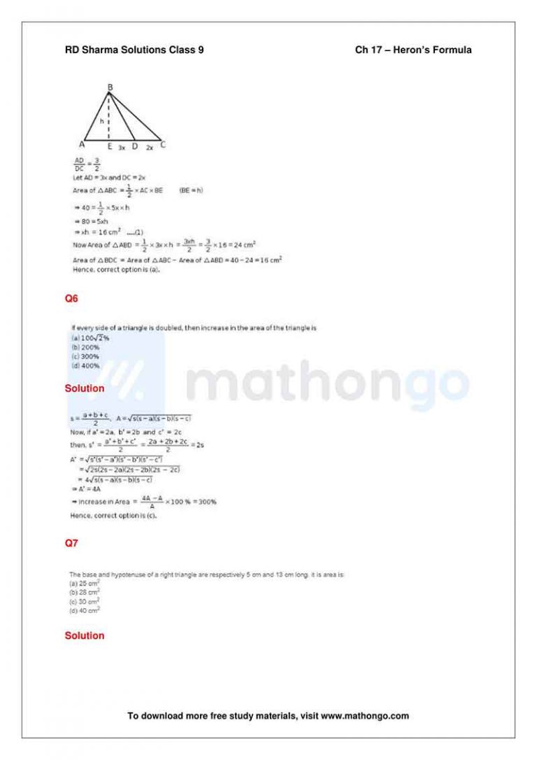 RD Sharma Class 9 Solutions Chapter 17 – Heron’s Formula – MathonGo