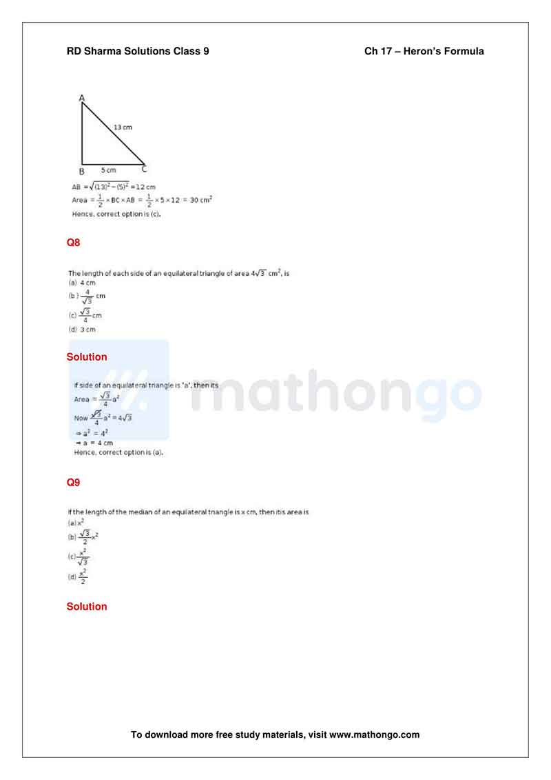 RD Sharma Class 9 Solutions Chapter 17 – Heron’s Formula – MathonGo