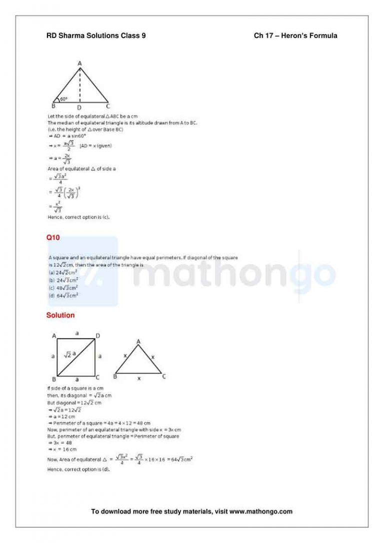 RD Sharma Class 9 Solutions Chapter 17 – Heron’s Formula – MathonGo