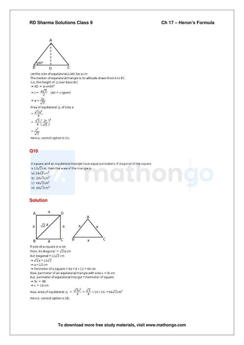 RD Sharma Class 9 Solutions Chapter 17 – Heron’s Formula – MathonGo