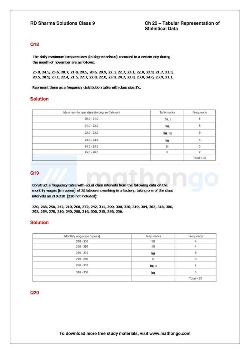 RD Sharma Class 9 Solutions Chapter 22 – Tabular Representation of Statistical Data – MathonGo