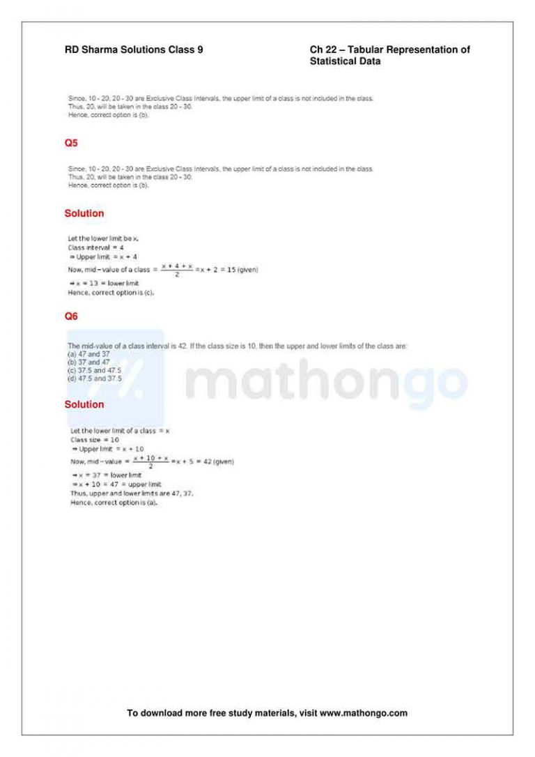 RD Sharma Class 9 Solutions Chapter 22 – Tabular Representation of Statistical Data – MathonGo