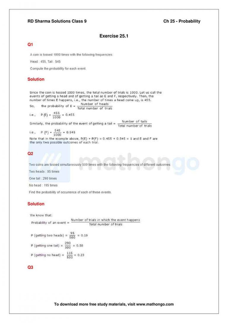 RD Sharma Class 9 Solutions Chapter 25 – Probability – MathonGo