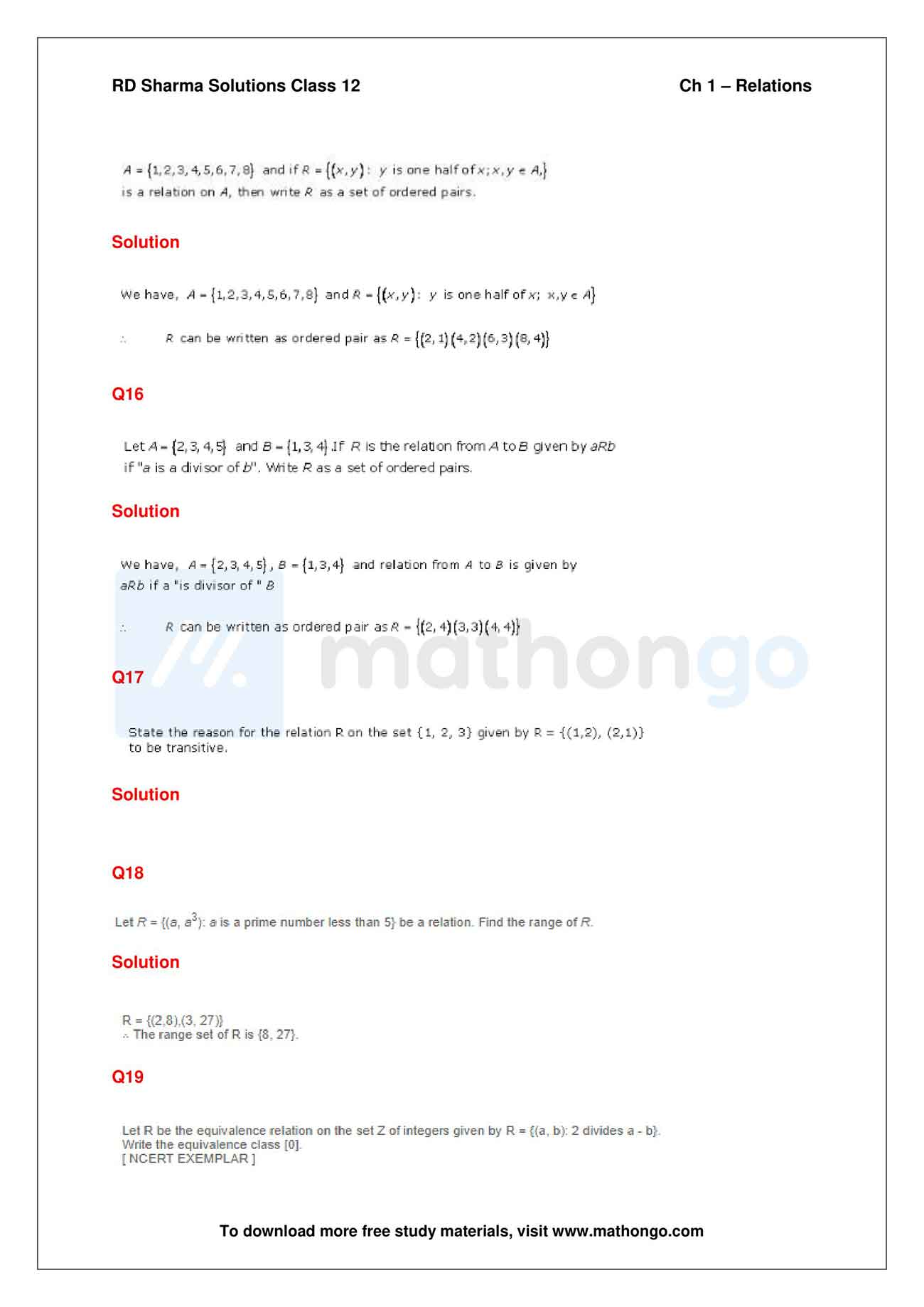RD Sharma Class 12 Maths Solutions Chapter 1 – Relations – MathonGo