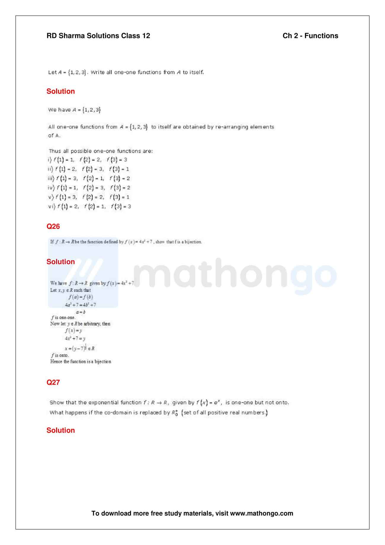 RD Sharma Class 12 Maths Solutions Chapter 2 – Functions – MathonGo