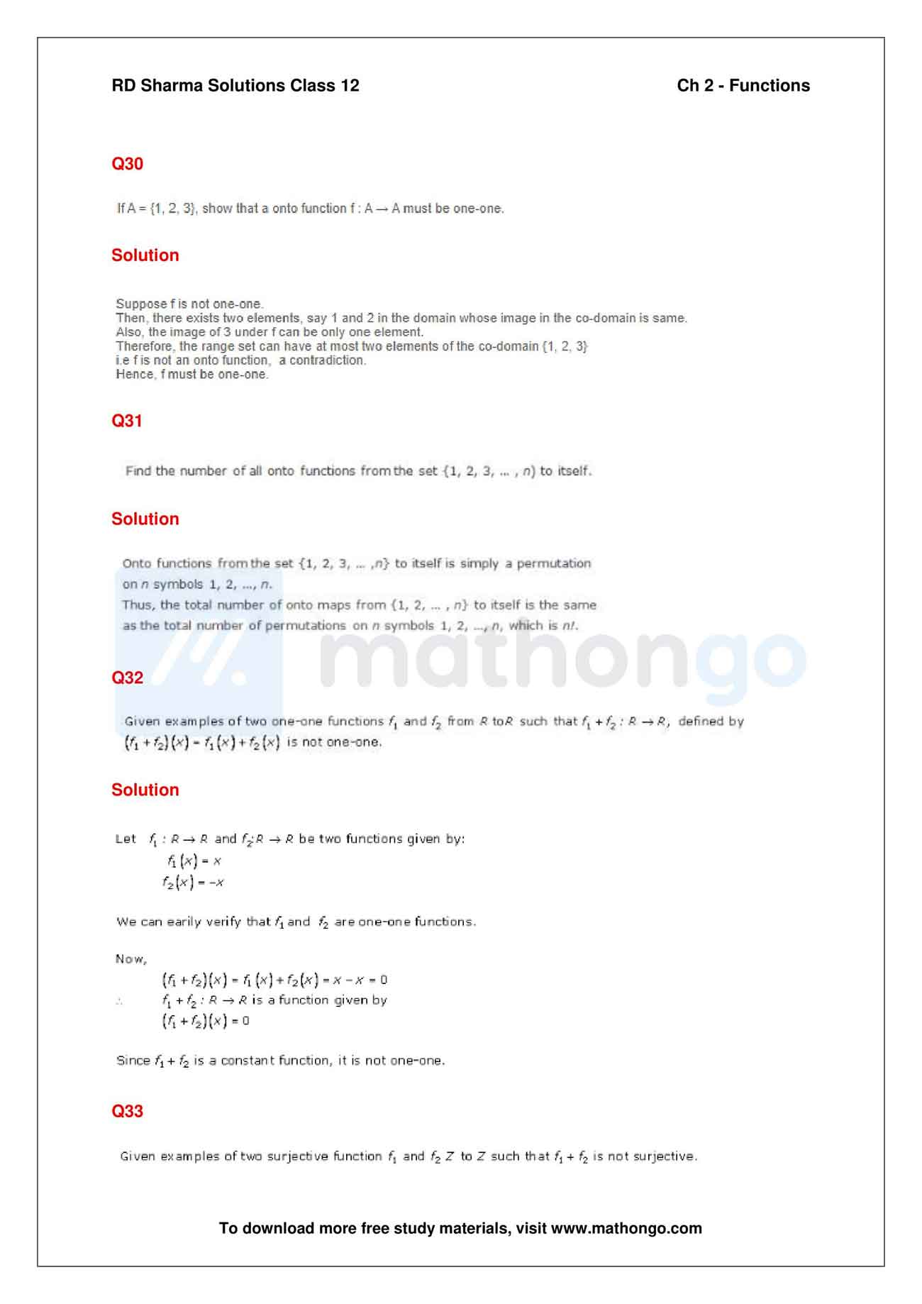 RD Sharma Class 12 Maths Solutions Chapter 2 – Functions – MathonGo