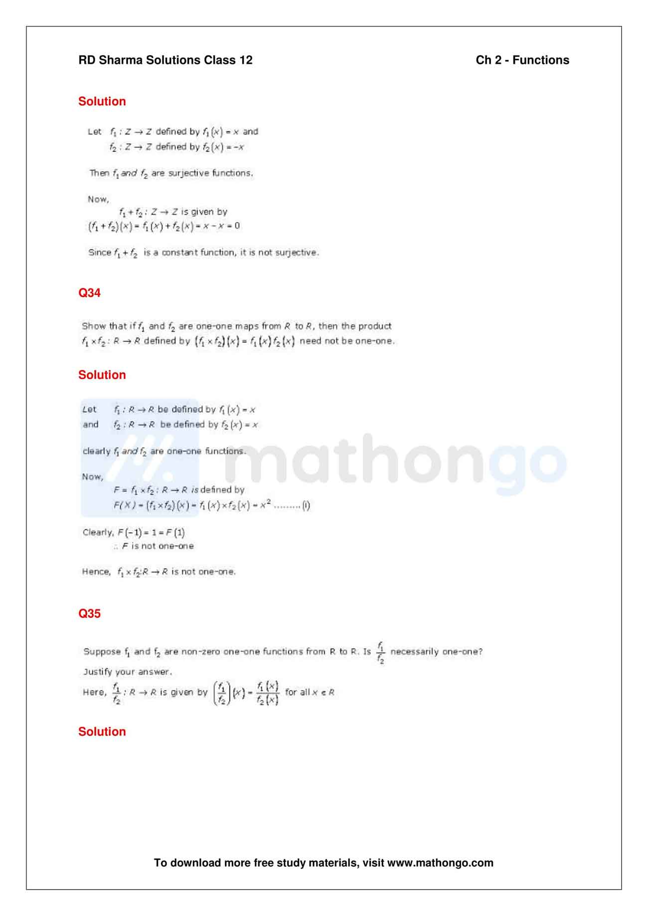 RD Sharma Class 12 Maths Solutions Chapter 2 – Functions – MathonGo