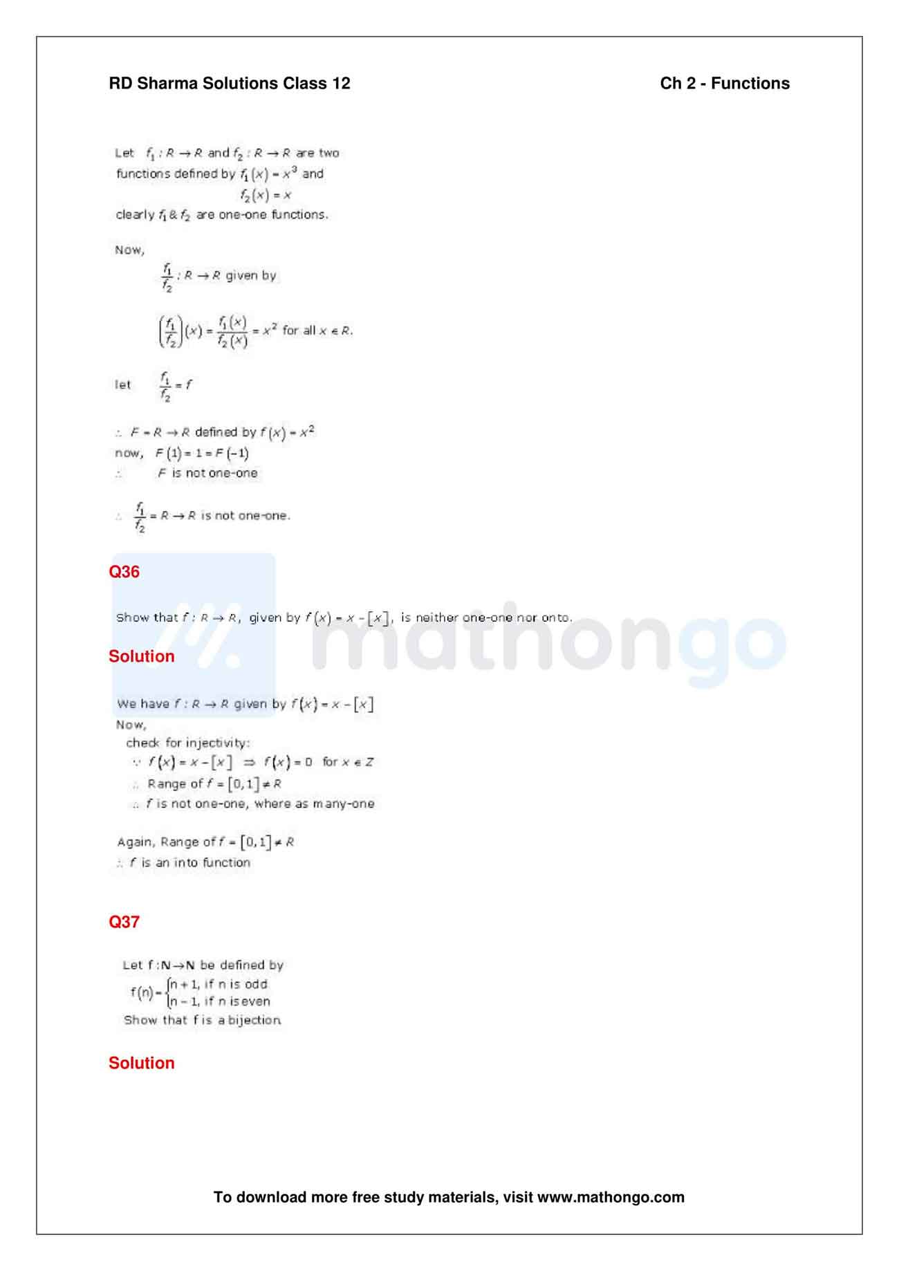 RD Sharma Class 12 Maths Solutions Chapter 2 – Functions – MathonGo