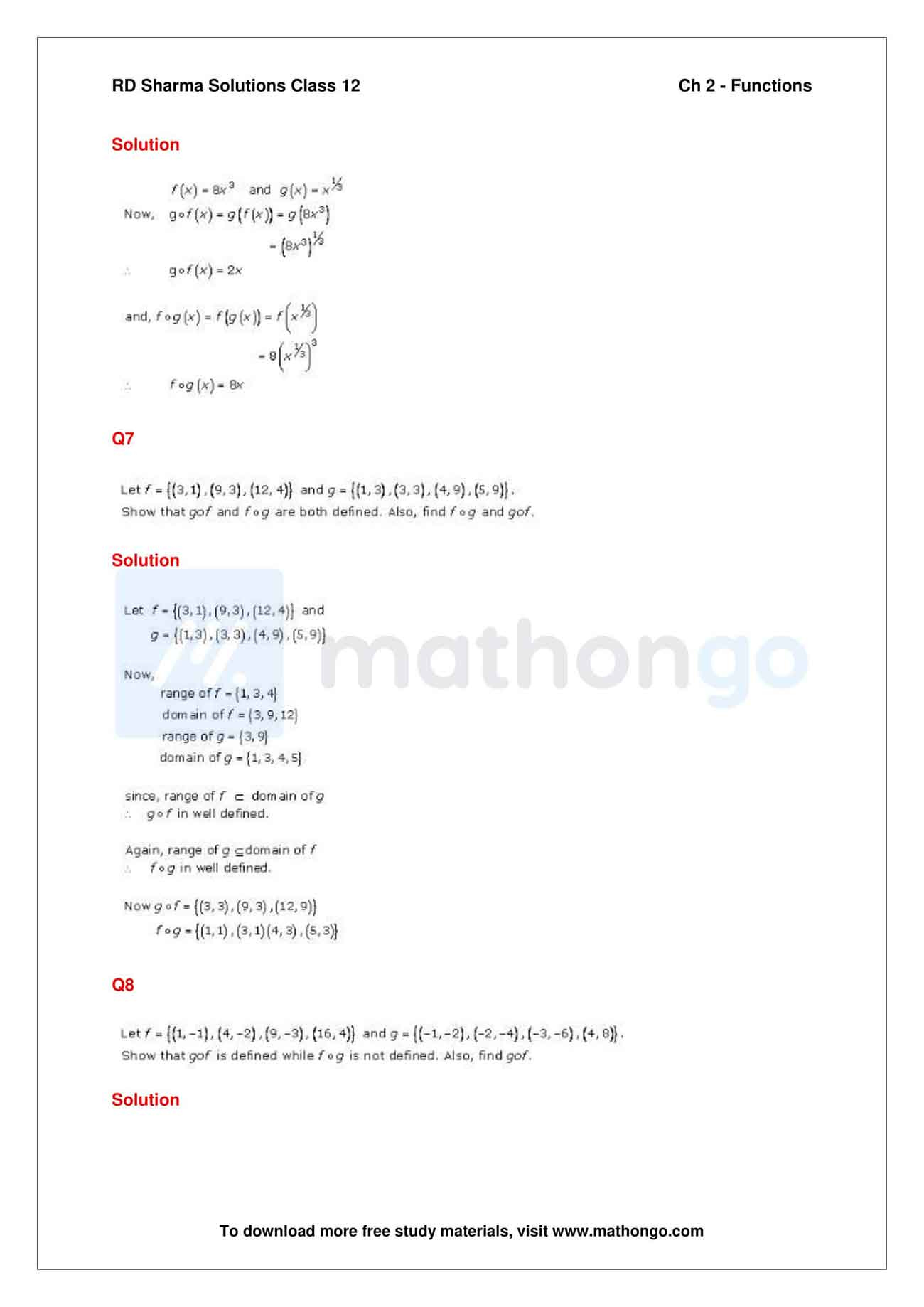 RD Sharma Class 12 Maths Solutions Chapter 2 – Functions – MathonGo