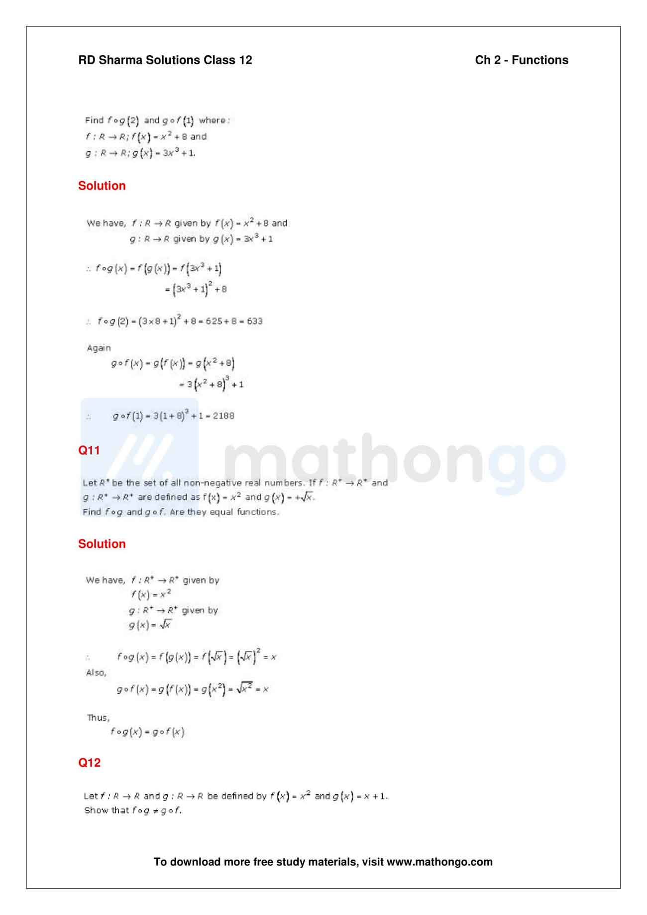 RD Sharma Class 12 Maths Solutions Chapter 2 – Functions – MathonGo