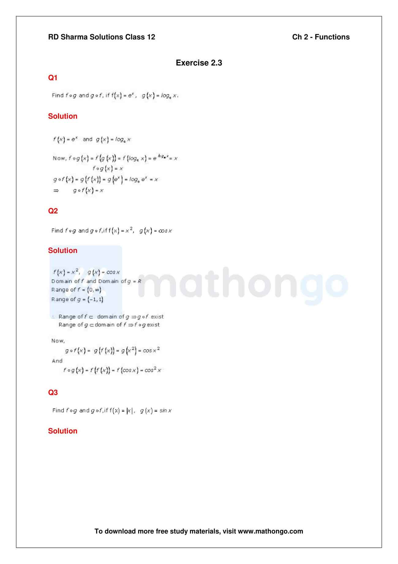 RD Sharma Class 12 Maths Solutions Chapter 2 – Functions – MathonGo