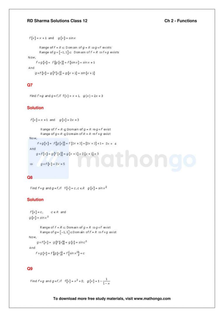 RD Sharma Class 12 Maths Solutions Chapter 2 – Functions – MathonGo