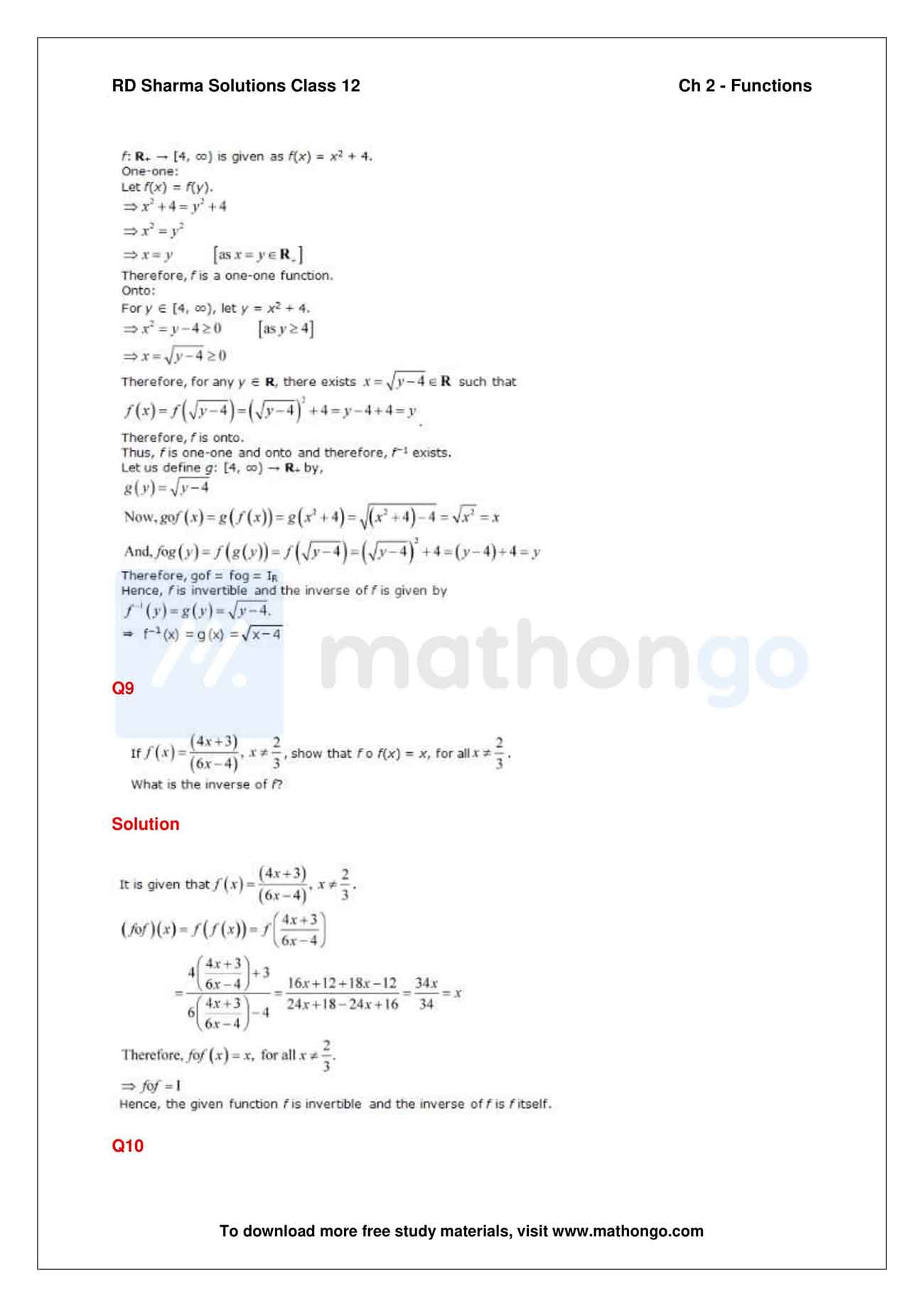 RD Sharma Class 12 Maths Solutions Chapter 2 – Functions – MathonGo