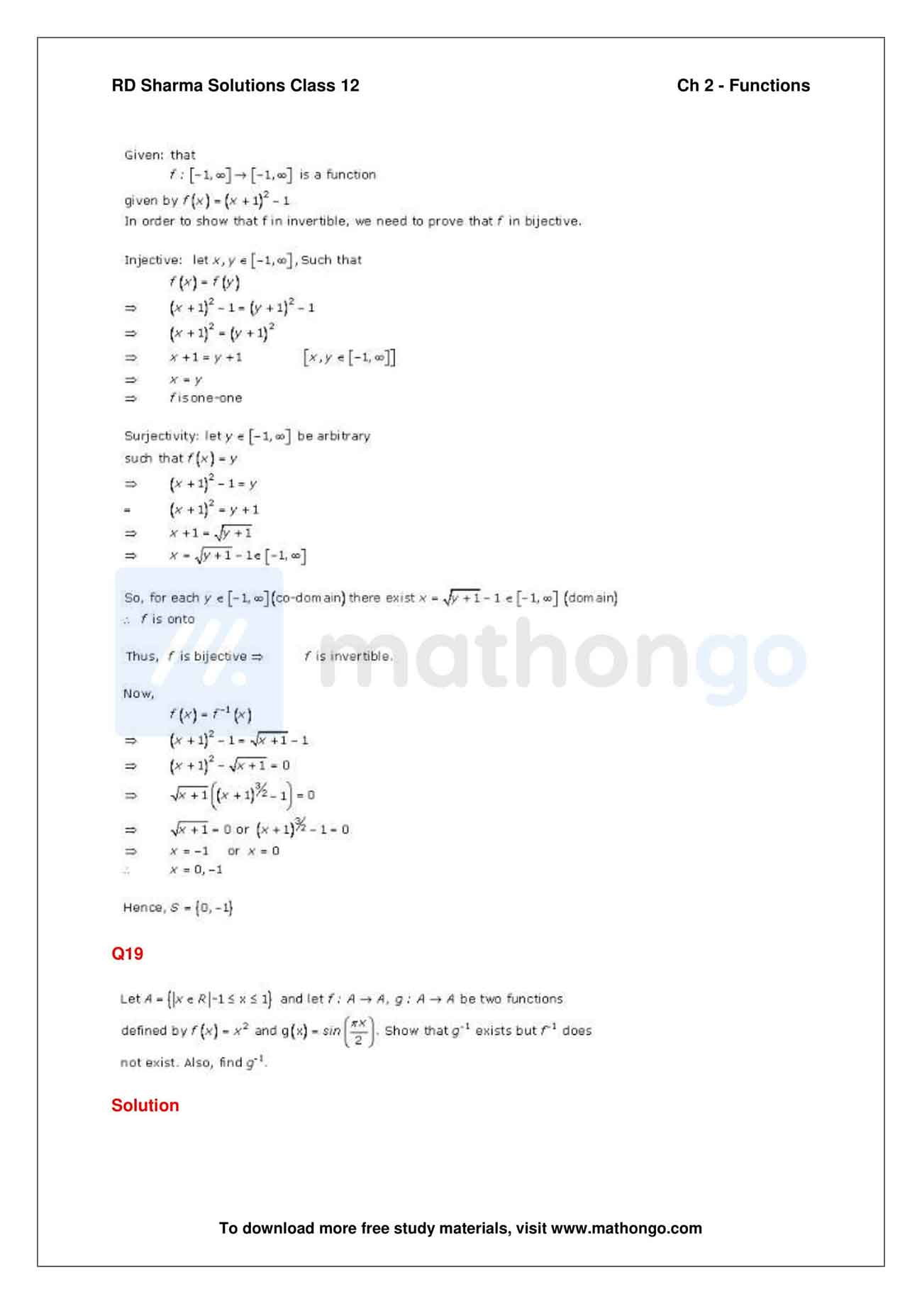 RD Sharma Class 12 Maths Solutions Chapter 2 – Functions – MathonGo