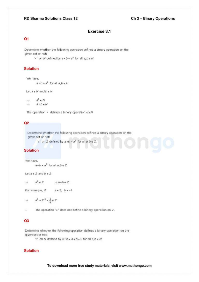 RD Sharma Class 12 Maths Solutions Chapter 3 – Binary Operations – MathonGo