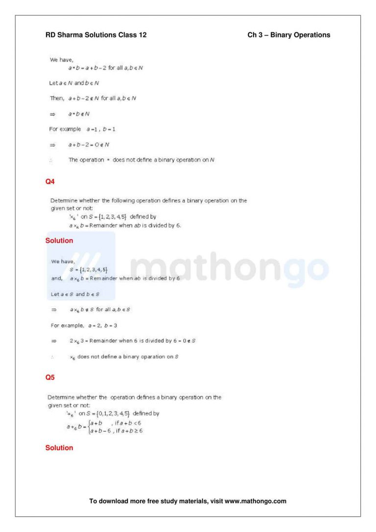RD Sharma Class 12 Maths Solutions Chapter 3 – Binary Operations – MathonGo