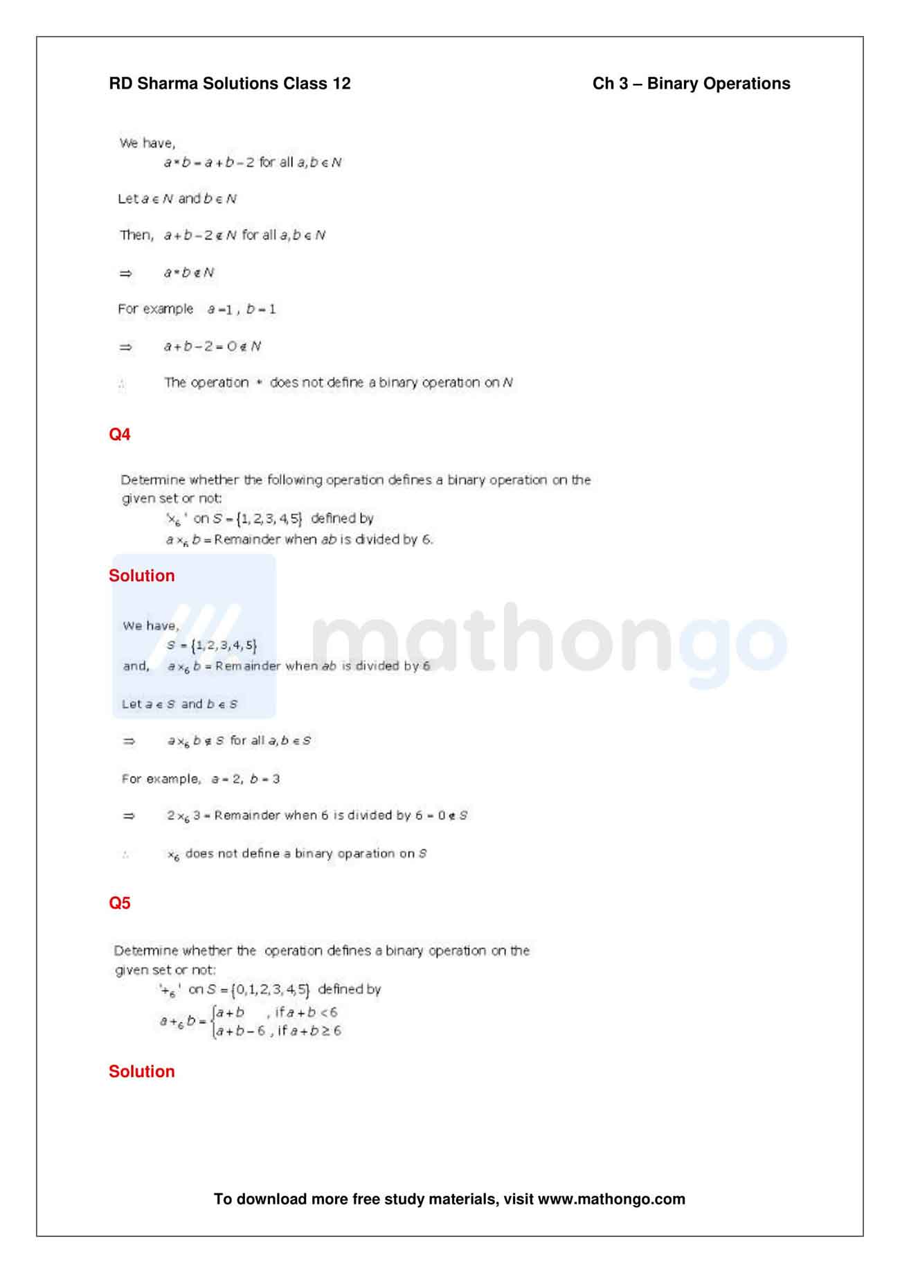 RD Sharma Class 12 Maths Solutions Chapter 3 – Binary Operations – MathonGo