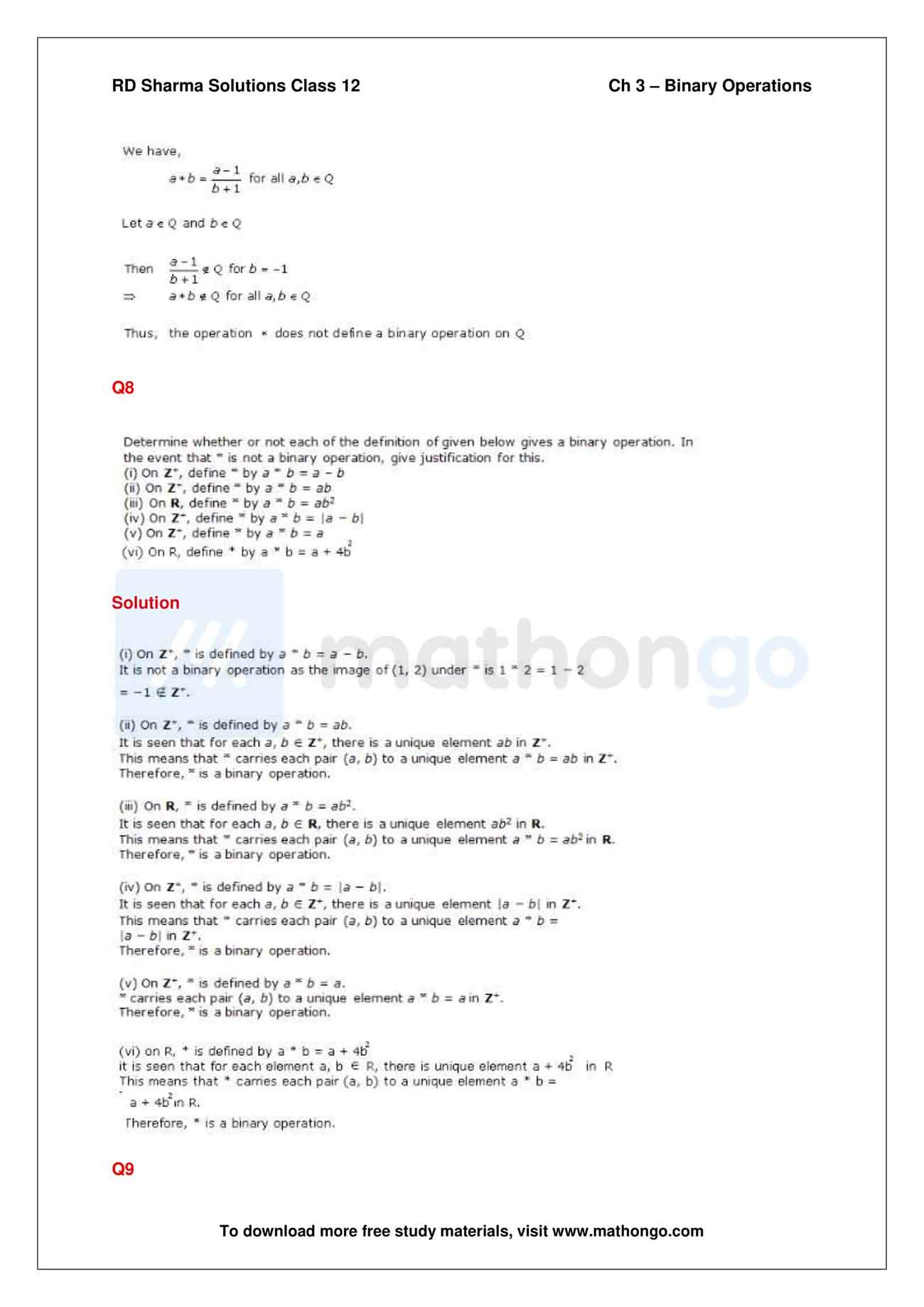 RD Sharma Class 12 Maths Solutions Chapter 3 – Binary Operations – MathonGo