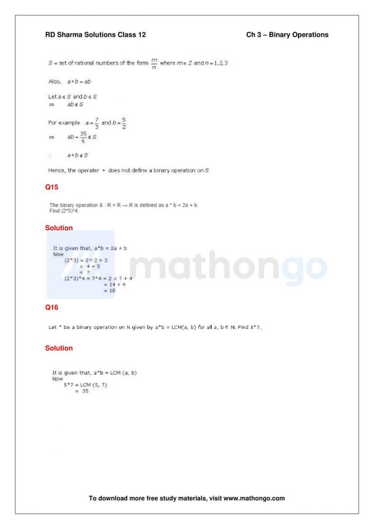 RD Sharma Class 12 Maths Solutions Chapter 3 – Binary Operations – MathonGo