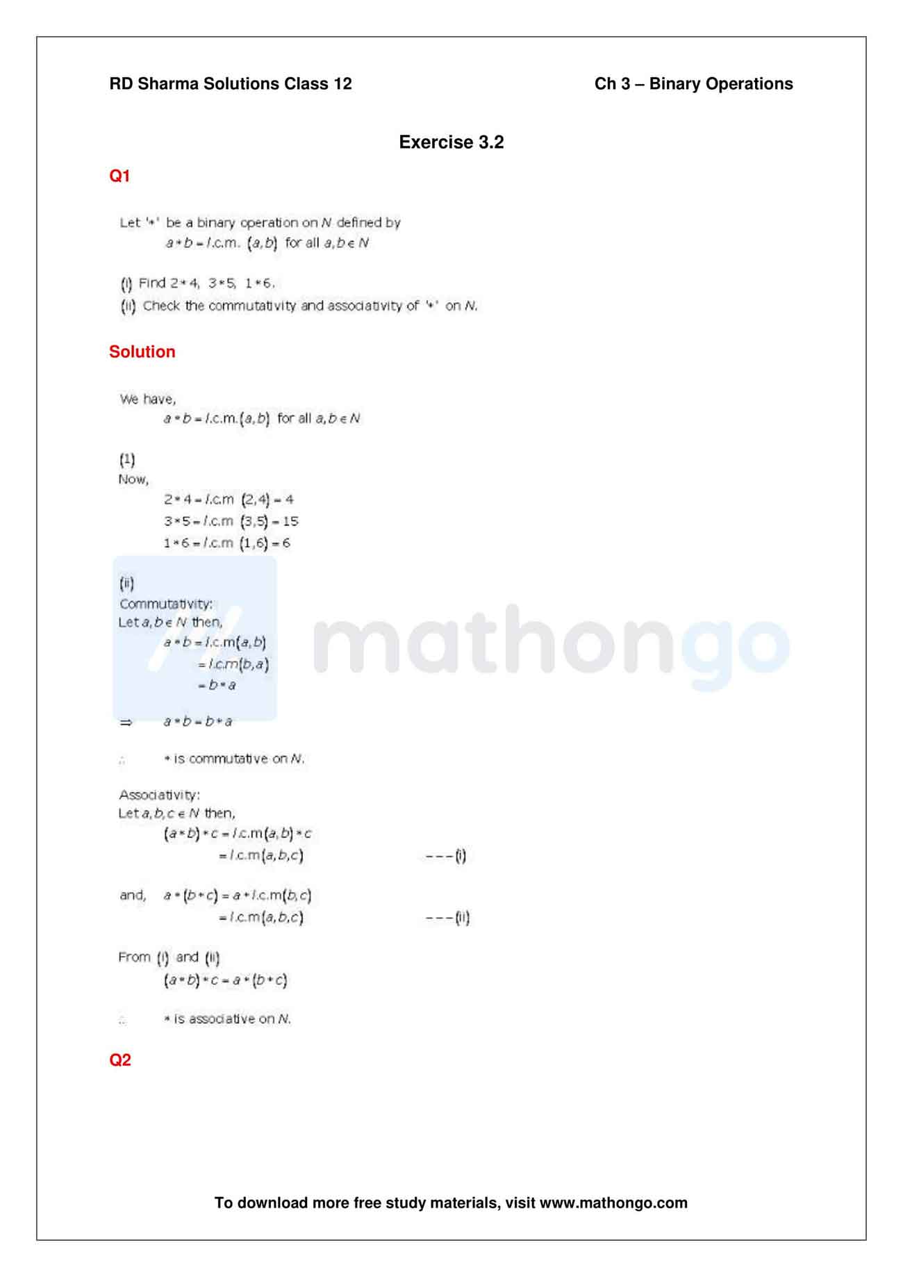RD Sharma Class 12 Maths Solutions Chapter 3 – Binary Operations – MathonGo