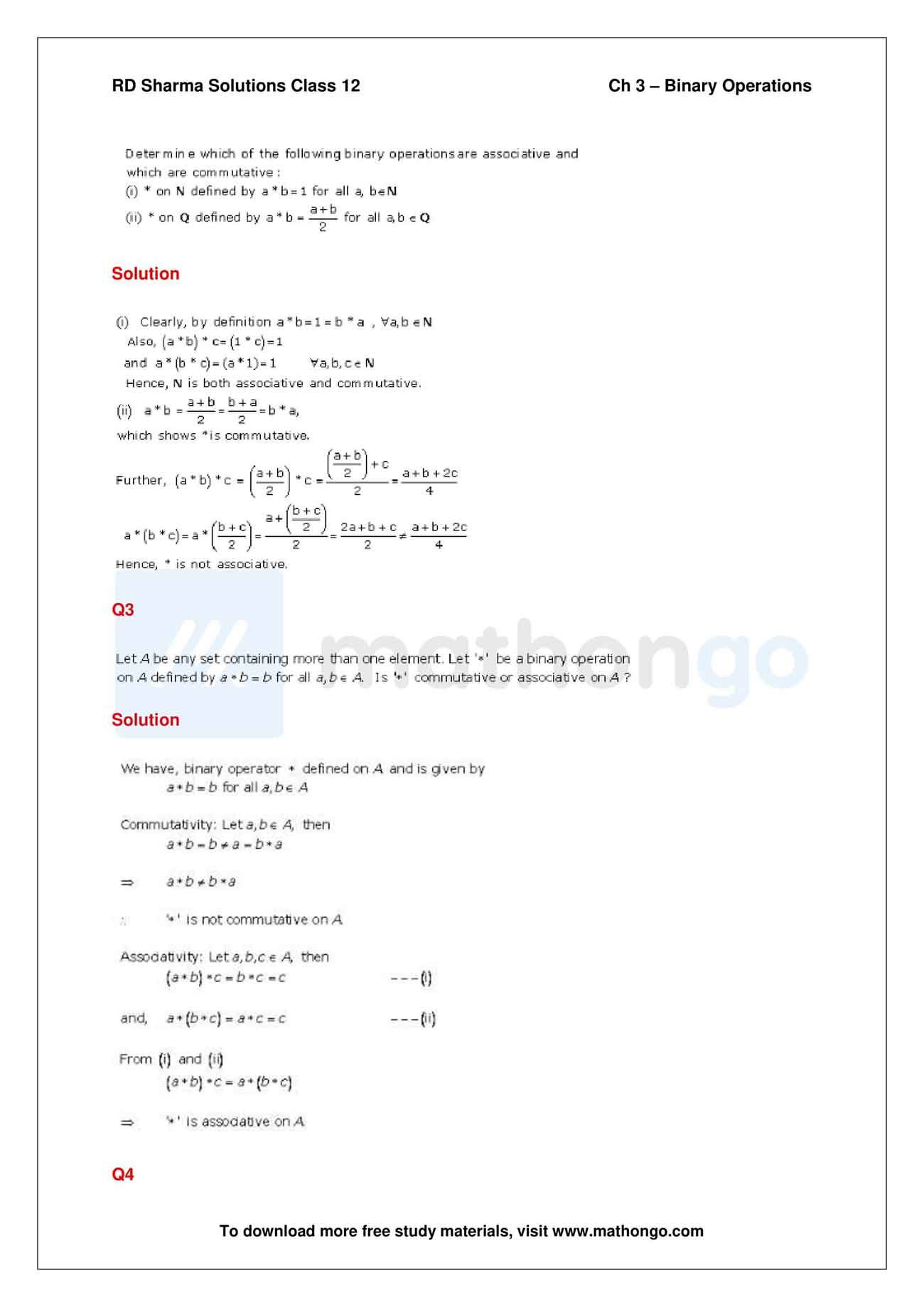 RD Sharma Class 12 Maths Solutions Chapter 3 – Binary Operations – MathonGo