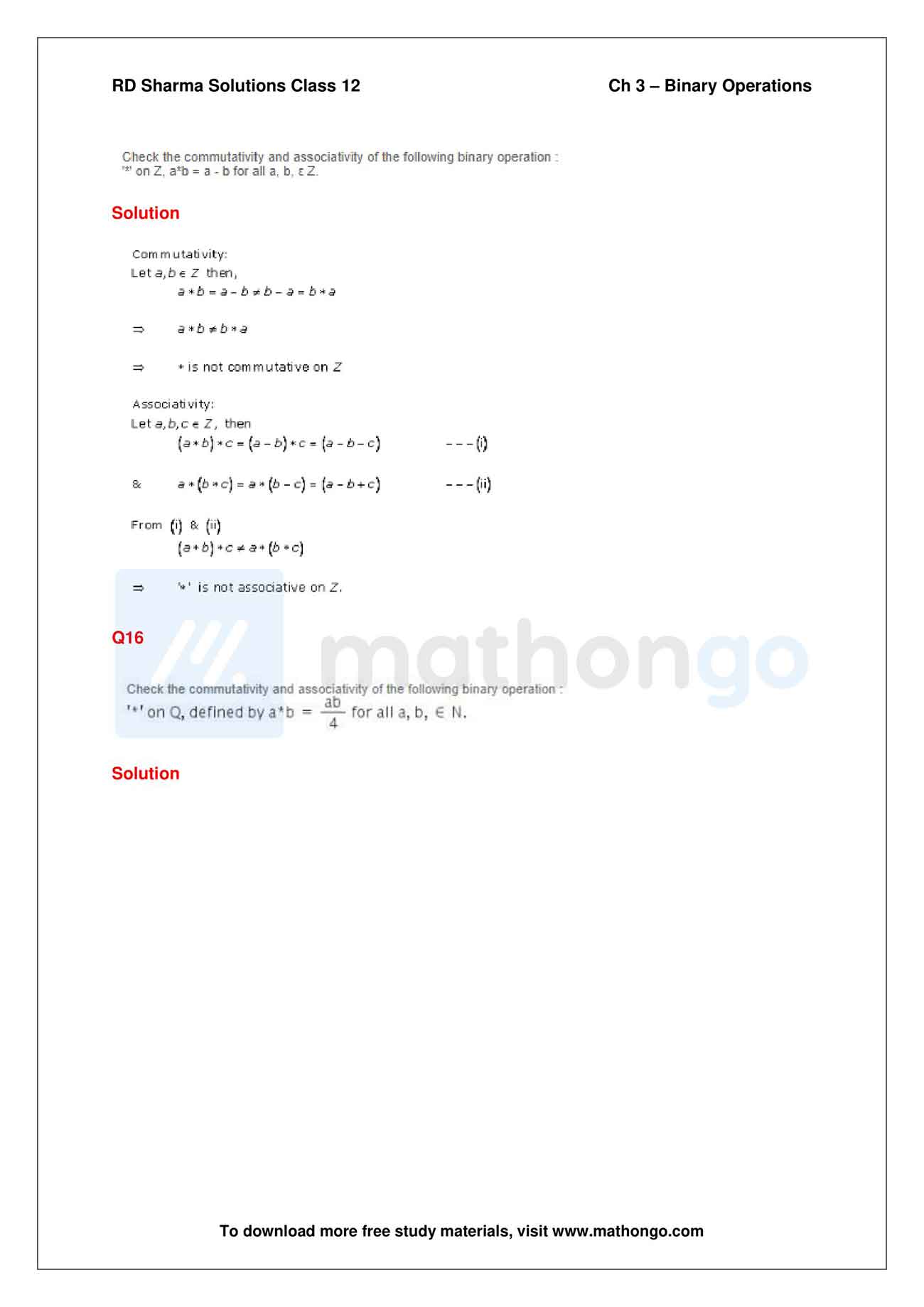 RD Sharma Class 12 Maths Solutions Chapter 3 – Binary Operations – MathonGo