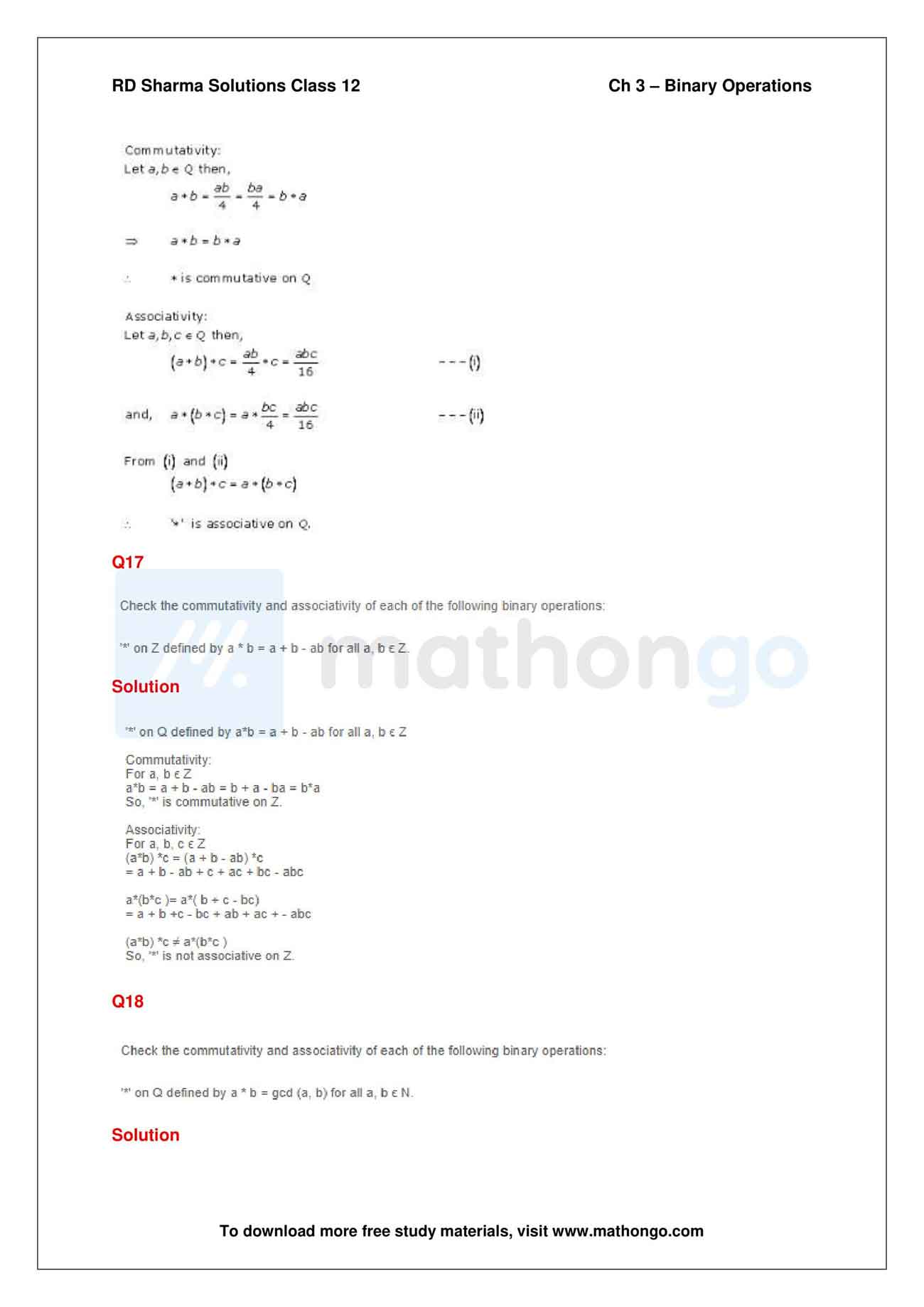 RD Sharma Class 12 Maths Solutions Chapter 3 – Binary Operations – MathonGo