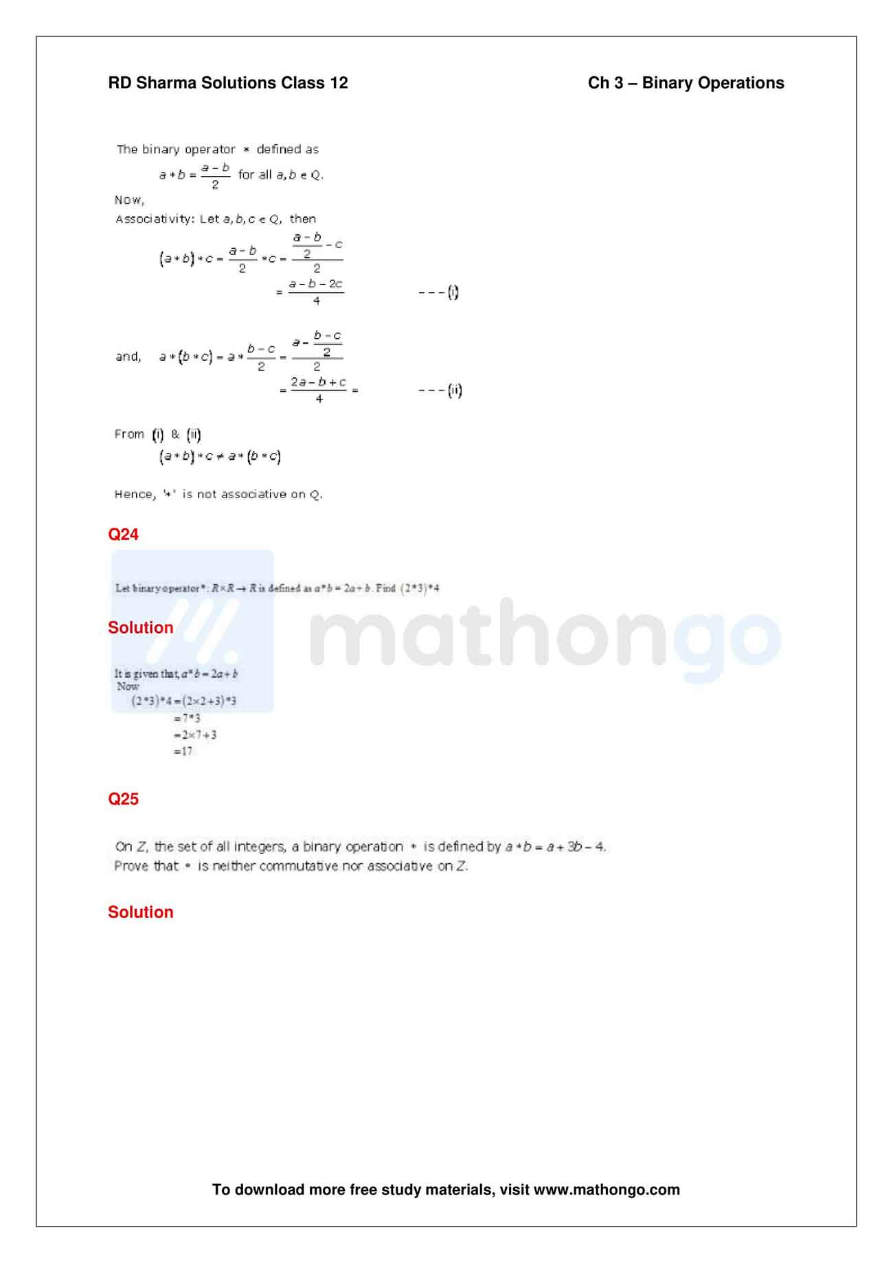 RD Sharma Class 12 Maths Solutions Chapter 3 – Binary Operations – MathonGo