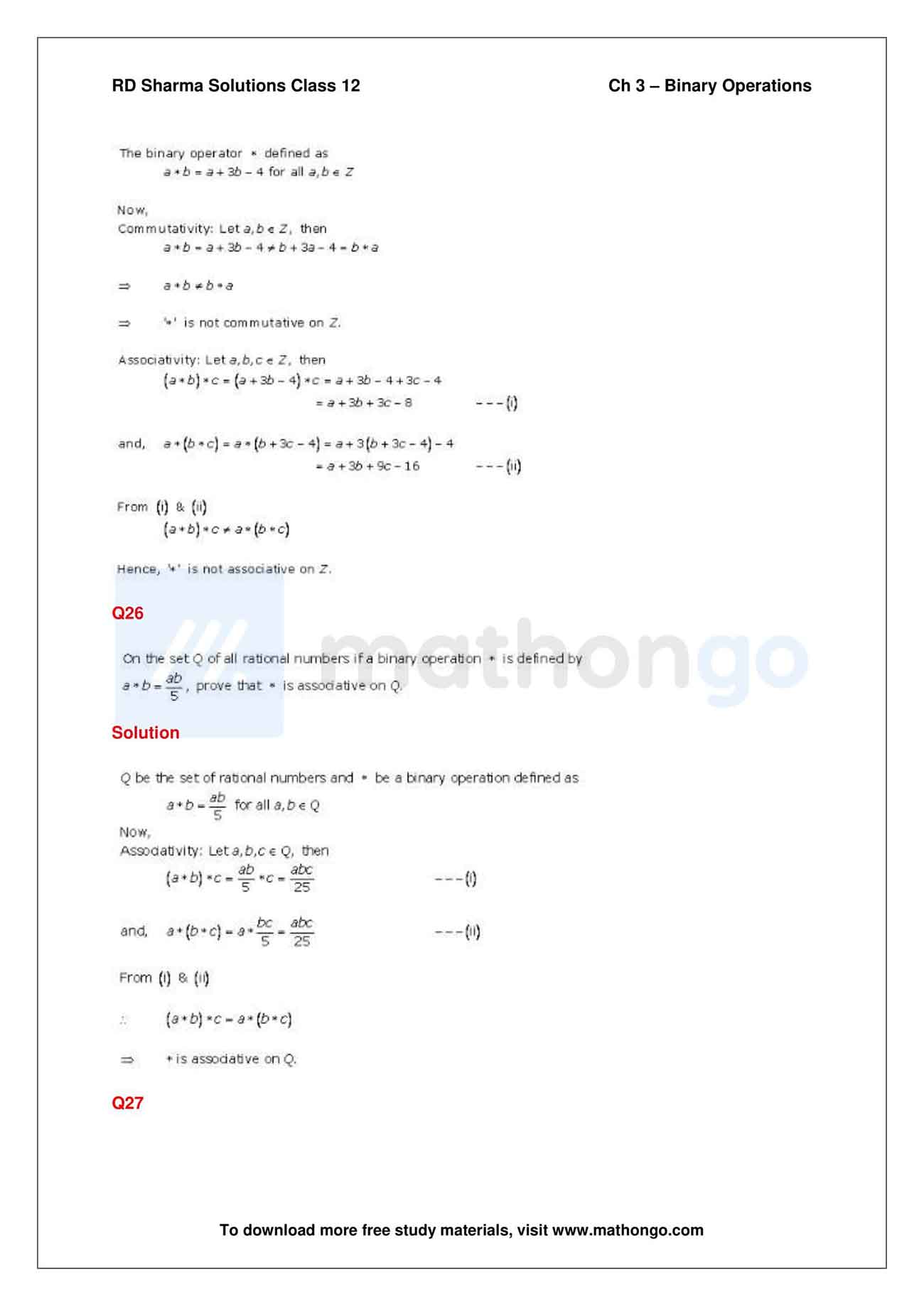 RD Sharma Class 12 Maths Solutions Chapter 3 – Binary Operations – MathonGo
