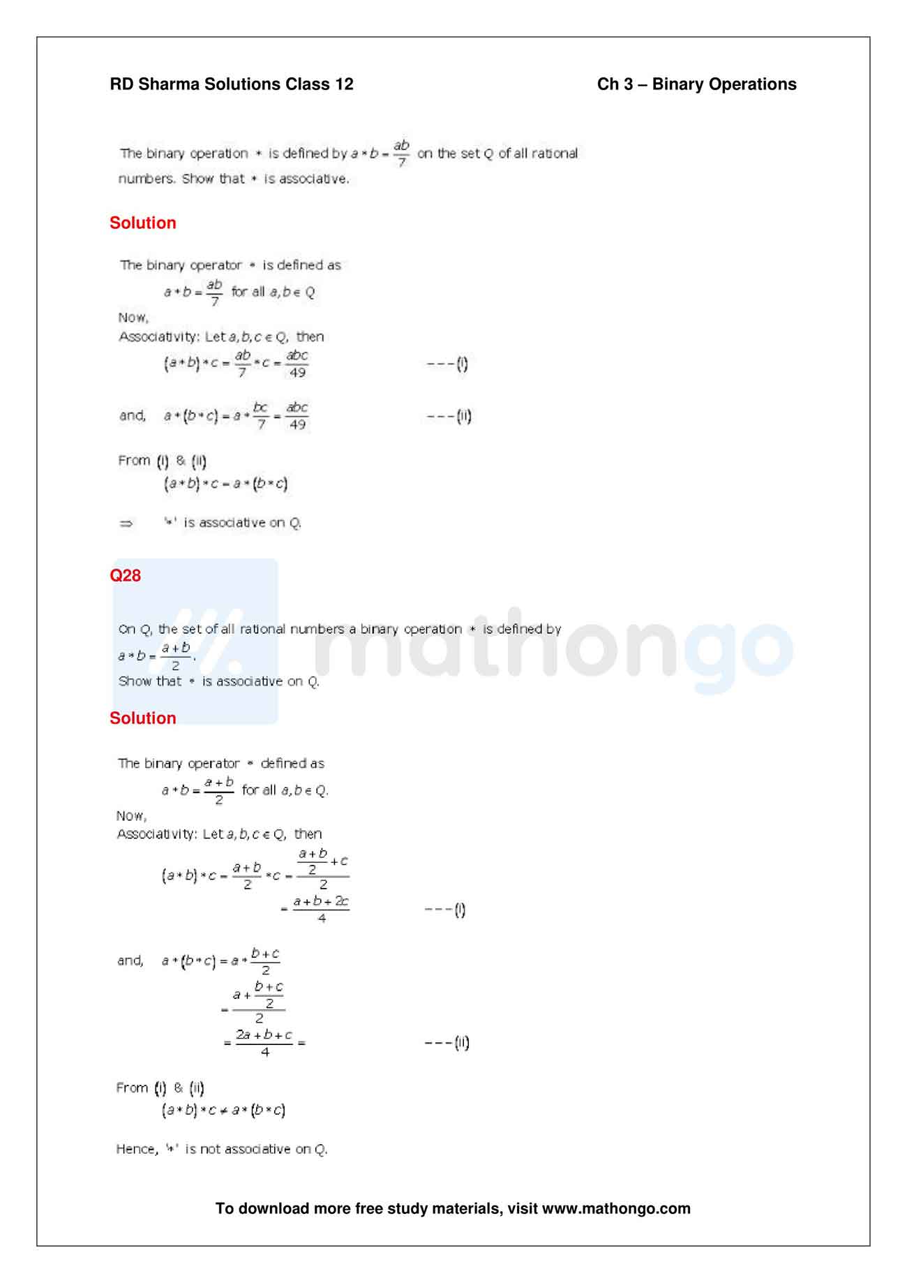 RD Sharma Class 12 Maths Solutions Chapter 3 – Binary Operations – MathonGo