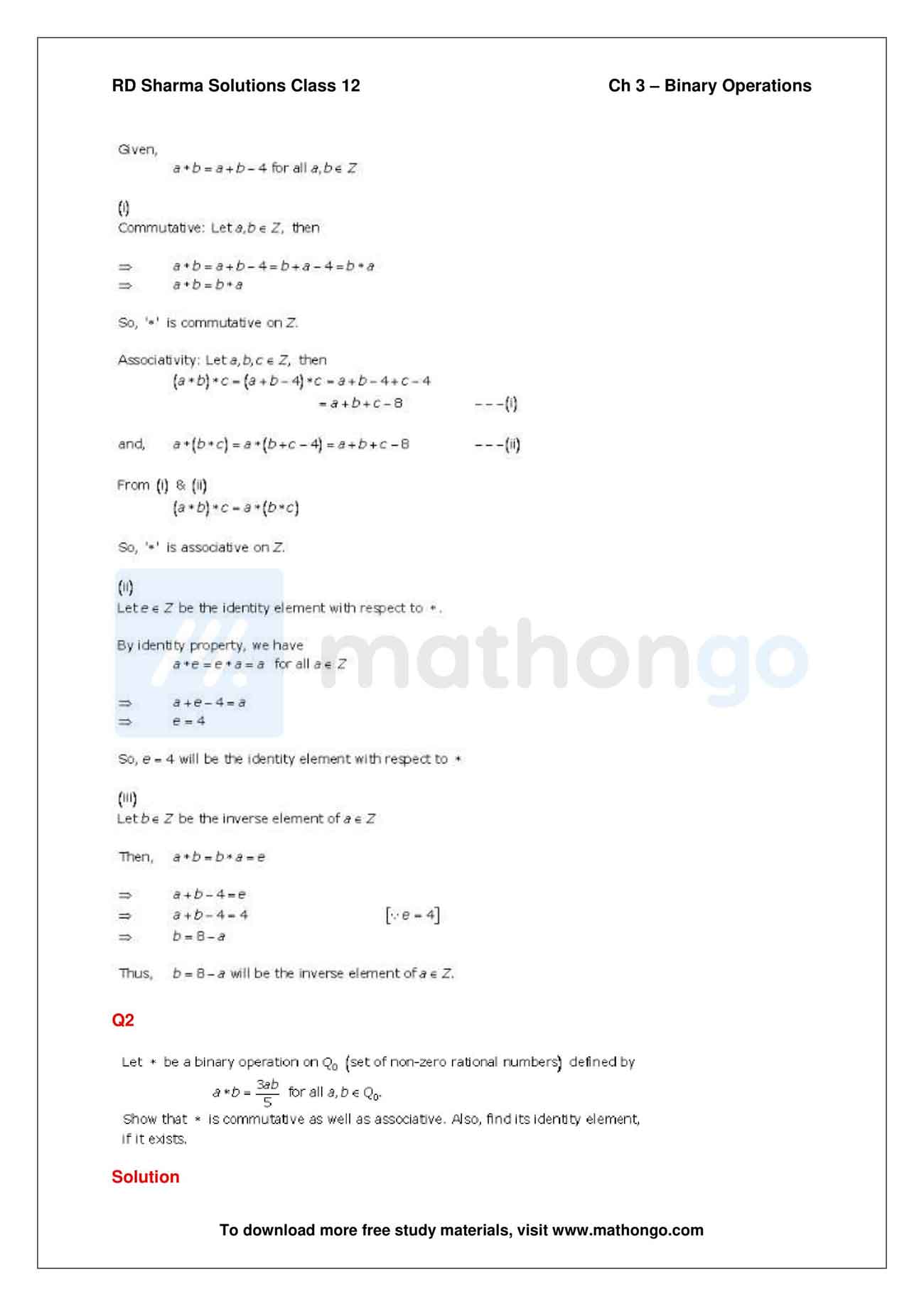 RD Sharma Class 12 Maths Solutions Chapter 3 – Binary Operations – MathonGo