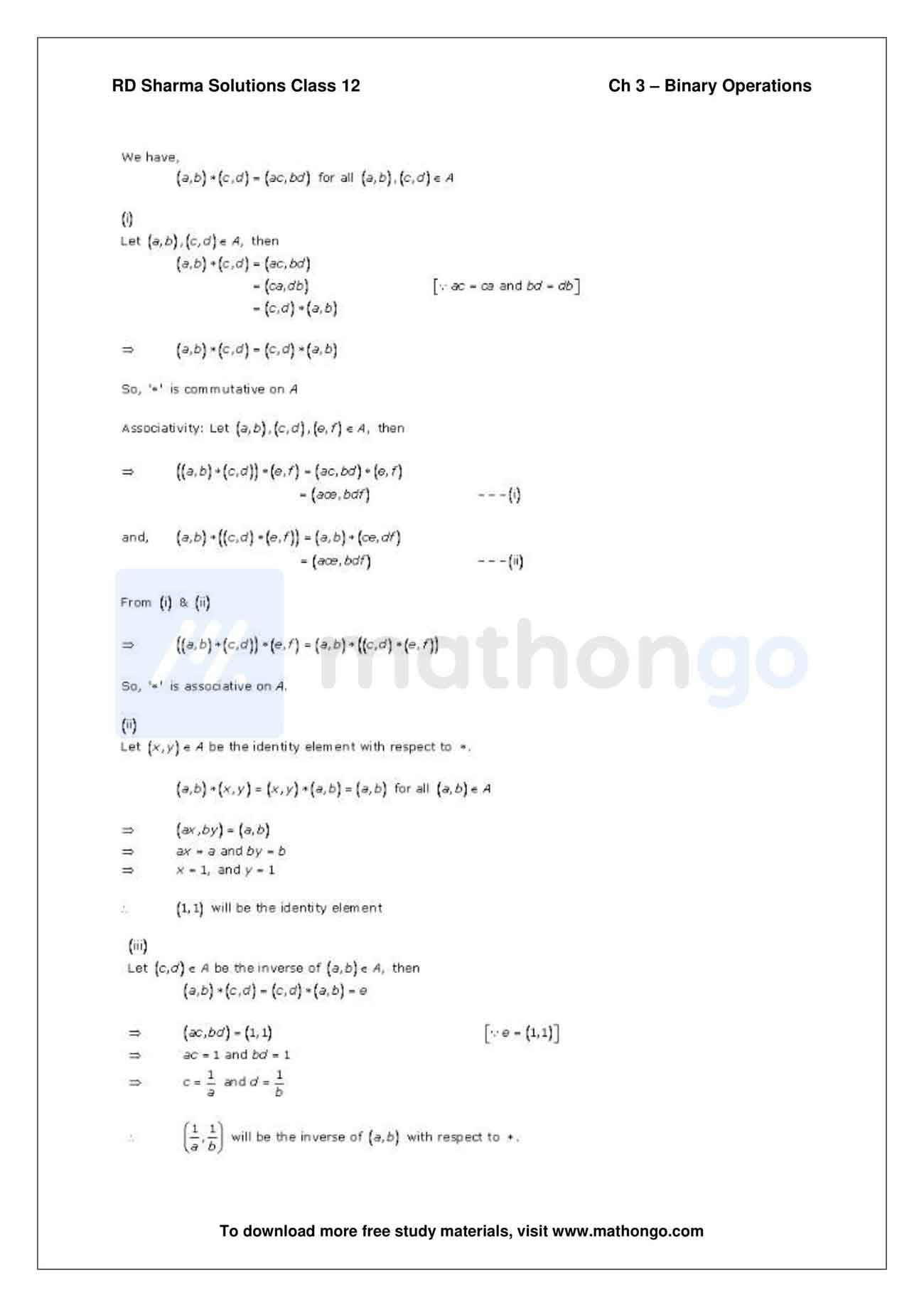 RD Sharma Class 12 Maths Solutions Chapter 3 – Binary Operations – MathonGo