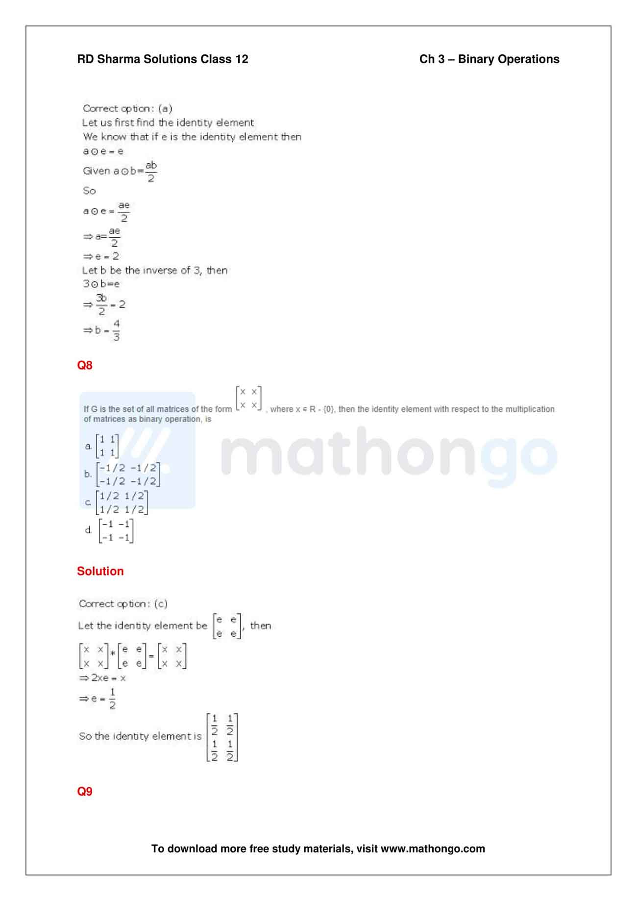 RD Sharma Class 12 Maths Solutions Chapter 3 – Binary Operations – MathonGo
