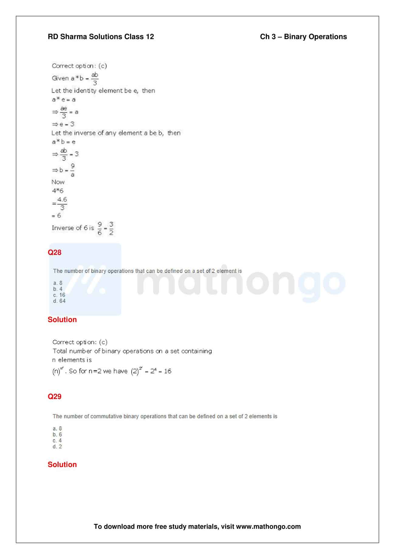 RD Sharma Class 12 Maths Solutions Chapter 3 – Binary Operations – MathonGo