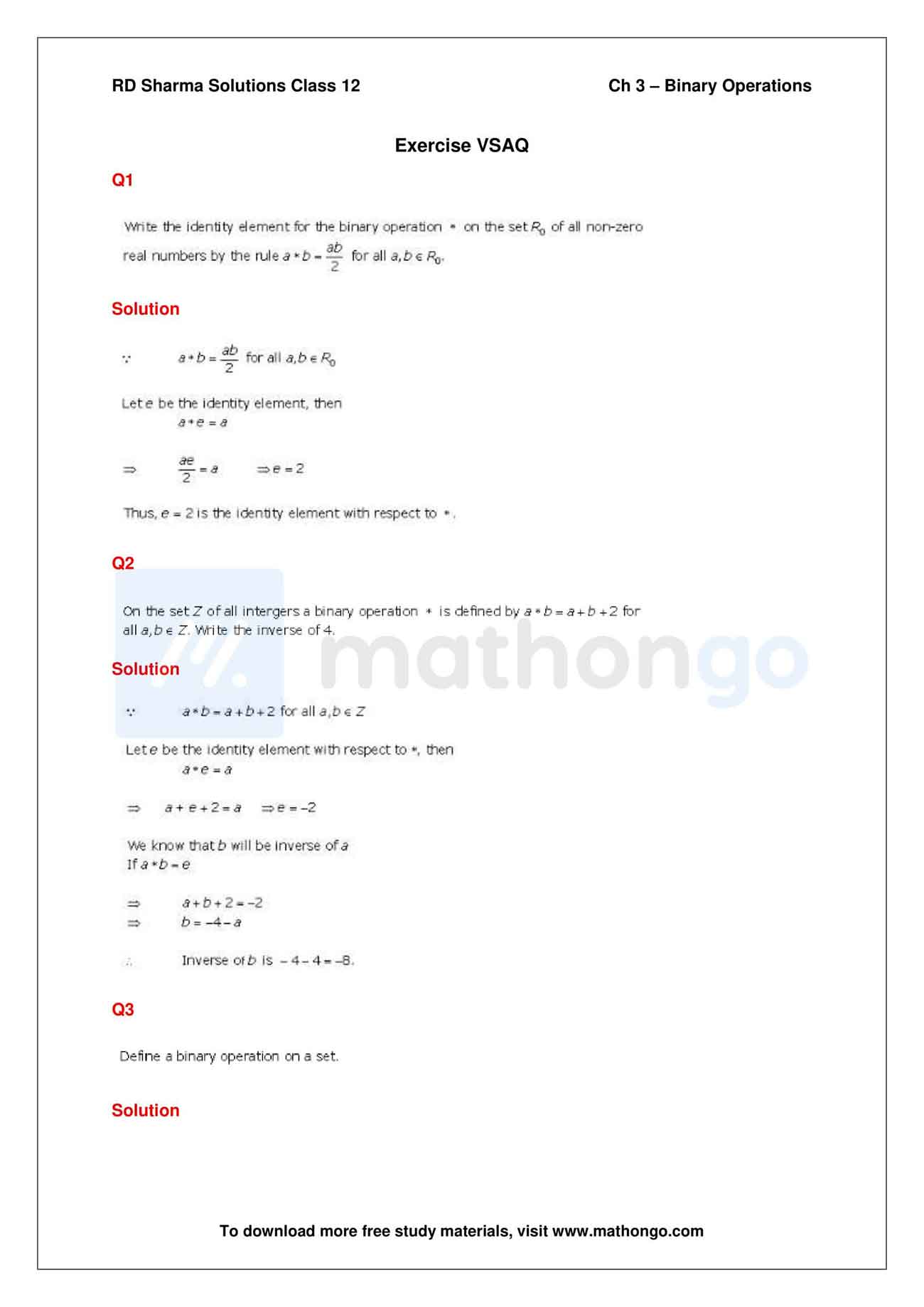 RD Sharma Class 12 Maths Solutions Chapter 3 – Binary Operations – MathonGo