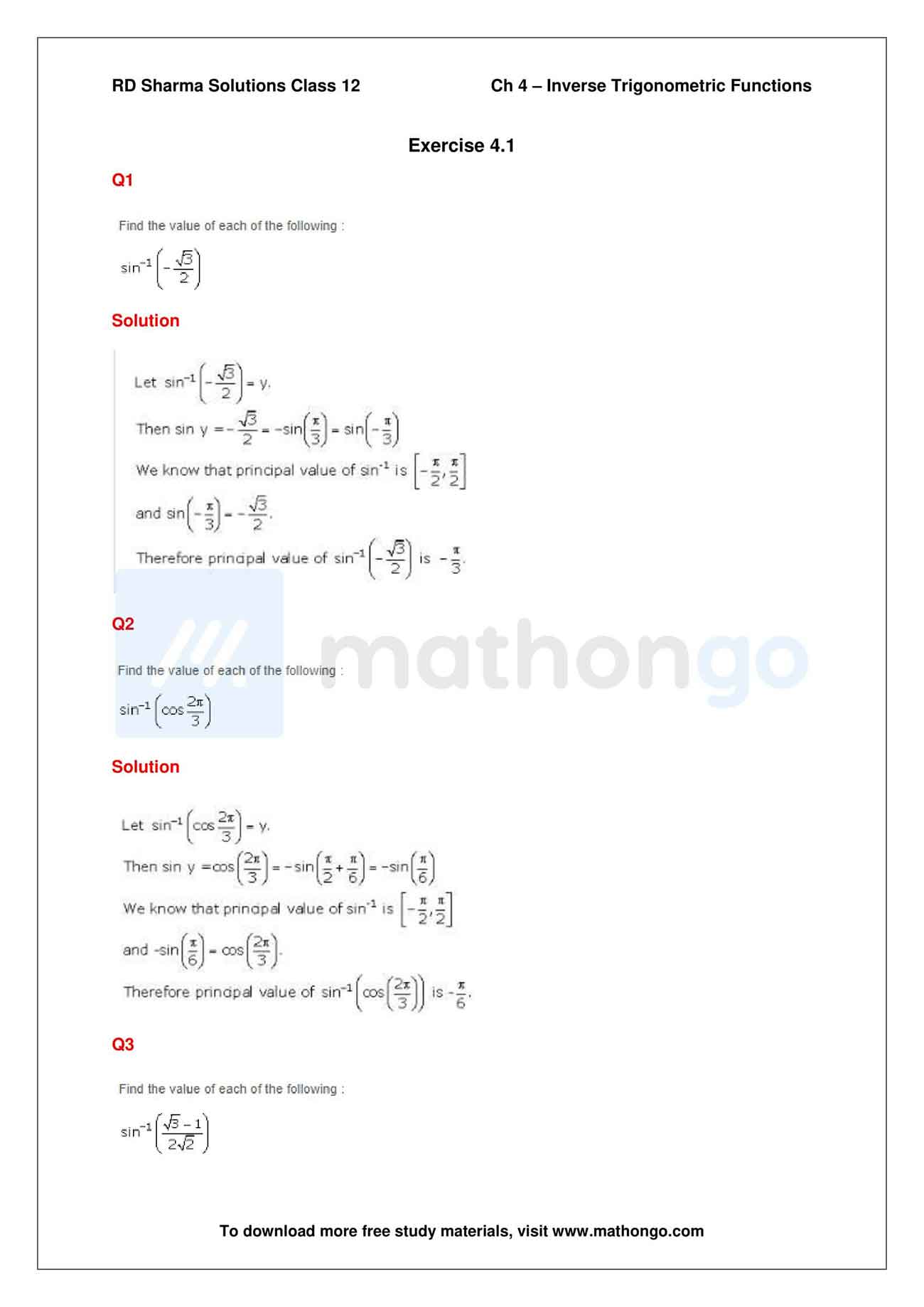RD Sharma Class 12 Maths Solutions Chapter 4 – Inverse Trigonometric Functions – MathonGo