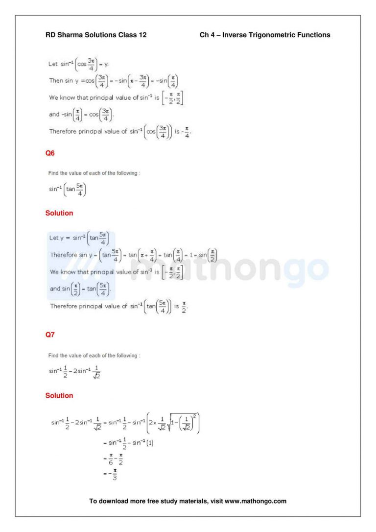 RD Sharma Class 12 Maths Solutions Chapter 4 – Inverse Trigonometric Functions – MathonGo